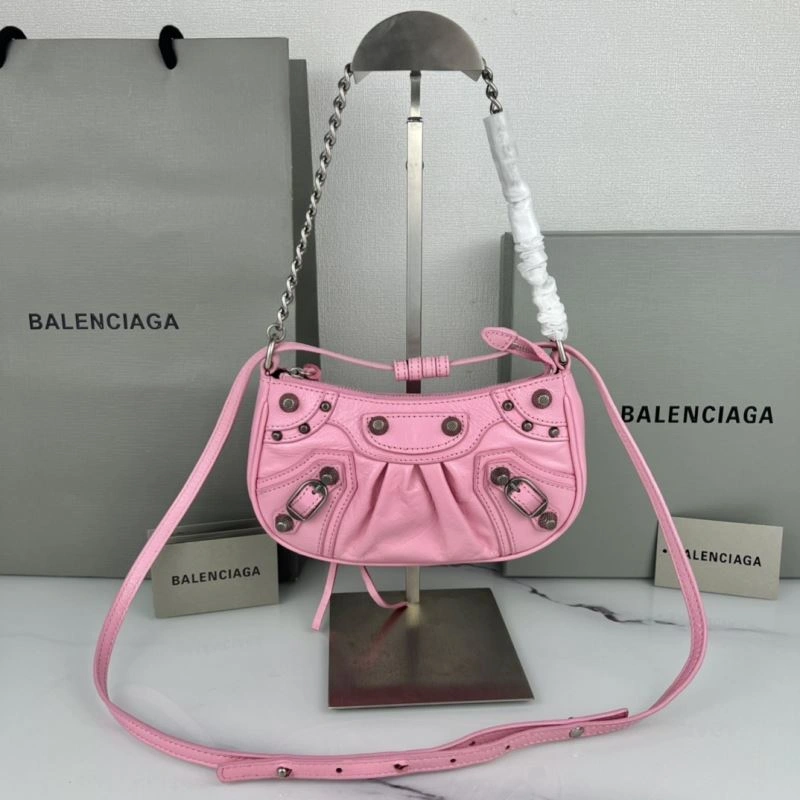 Balenciaga Mini Crackle Pink Le Cagole Bag with Silver Buckle