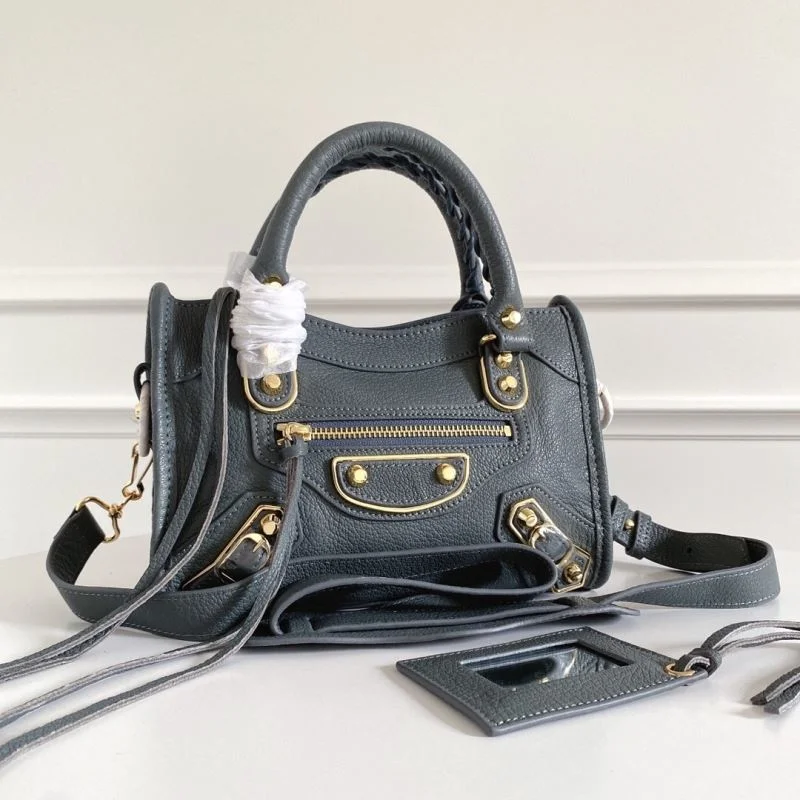 Legit Balenciaga Mini Goat Leather Motorcycle Bag with Gold Buckle - Gray-Blue