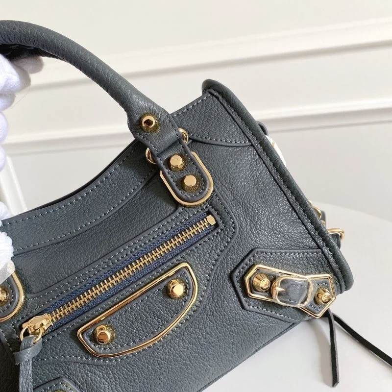 Legit Balenciaga Mini Goat Leather Motorcycle Bag with Gold Buckle - Gray-Blue