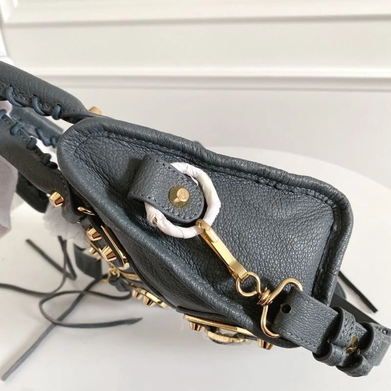 Legit Balenciaga Mini Goat Leather Motorcycle Bag with Gold Buckle - Gray-Blue