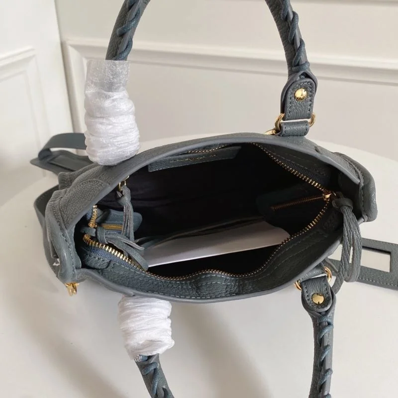 Legit Balenciaga Mini Goat Leather Motorcycle Bag with Gold Buckle - Gray-Blue