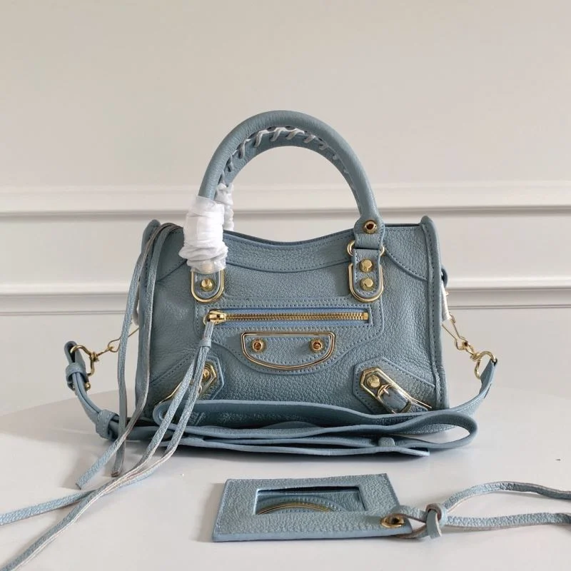 Balenciaga Mini Goatskin Motorcycle Bag with Gold Buckle - Water Blue