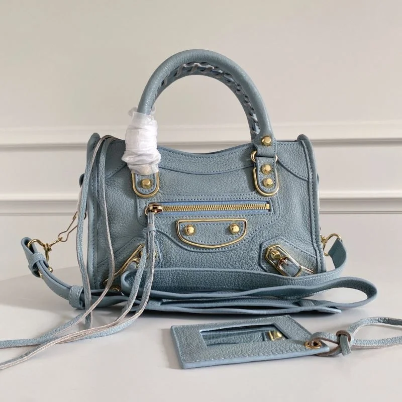 Affordable Balenciaga Mini Goatskin Motorcycle Bag with Gold Buckle - Water Blue