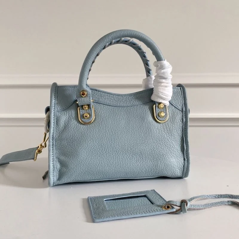 Affordable Balenciaga Mini Goatskin Motorcycle Bag with Gold Buckle - Water Blue