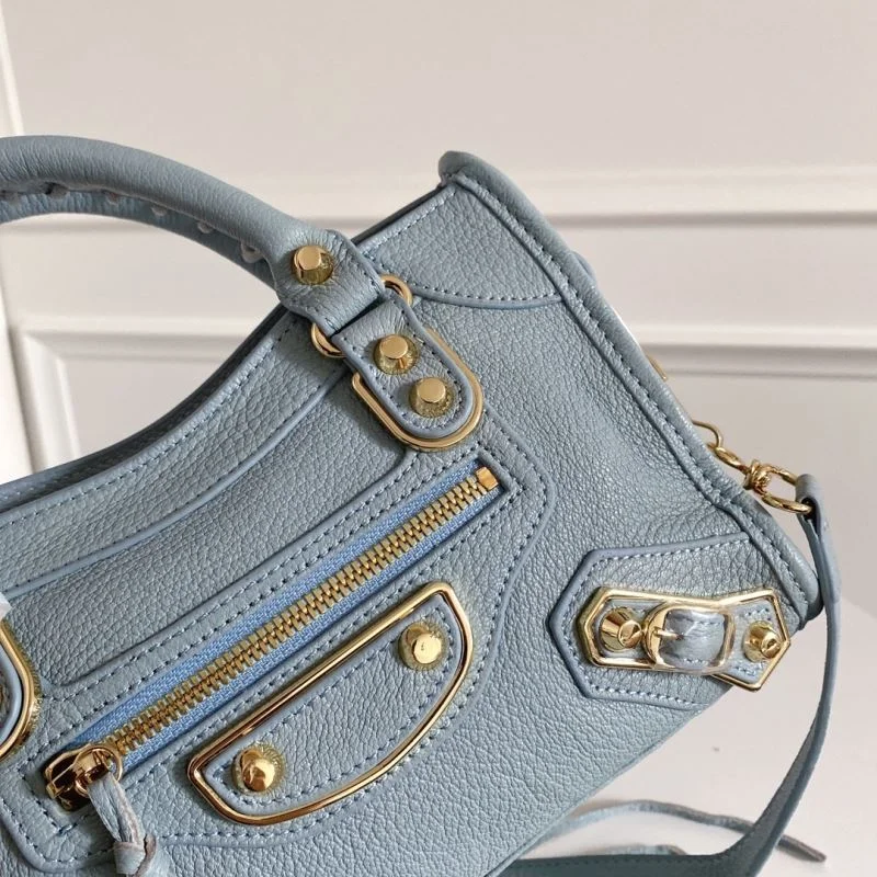 Affordable Balenciaga Mini Goatskin Motorcycle Bag with Gold Buckle - Water Blue