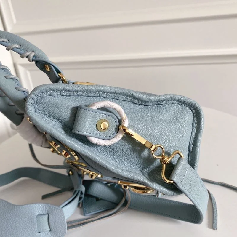 Affordable Balenciaga Mini Goatskin Motorcycle Bag with Gold Buckle - Water Blue