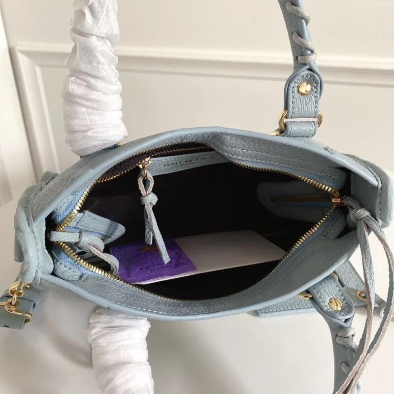 Affordable Balenciaga Mini Goatskin Motorcycle Bag with Gold Buckle - Water Blue