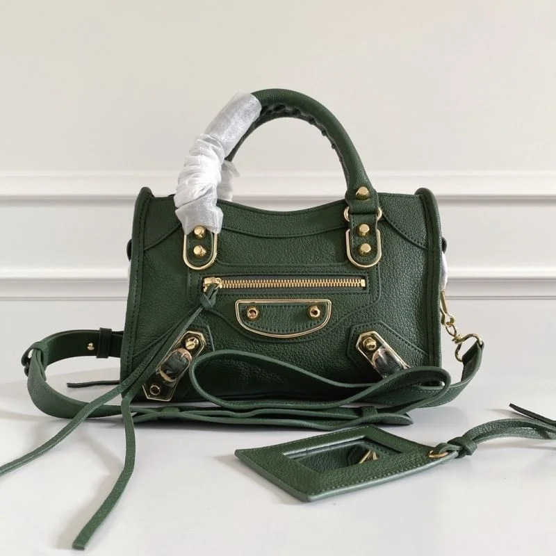 Balenciaga Mini Olive Green Goat Leather Motorcycle Bag with Gold Buckle