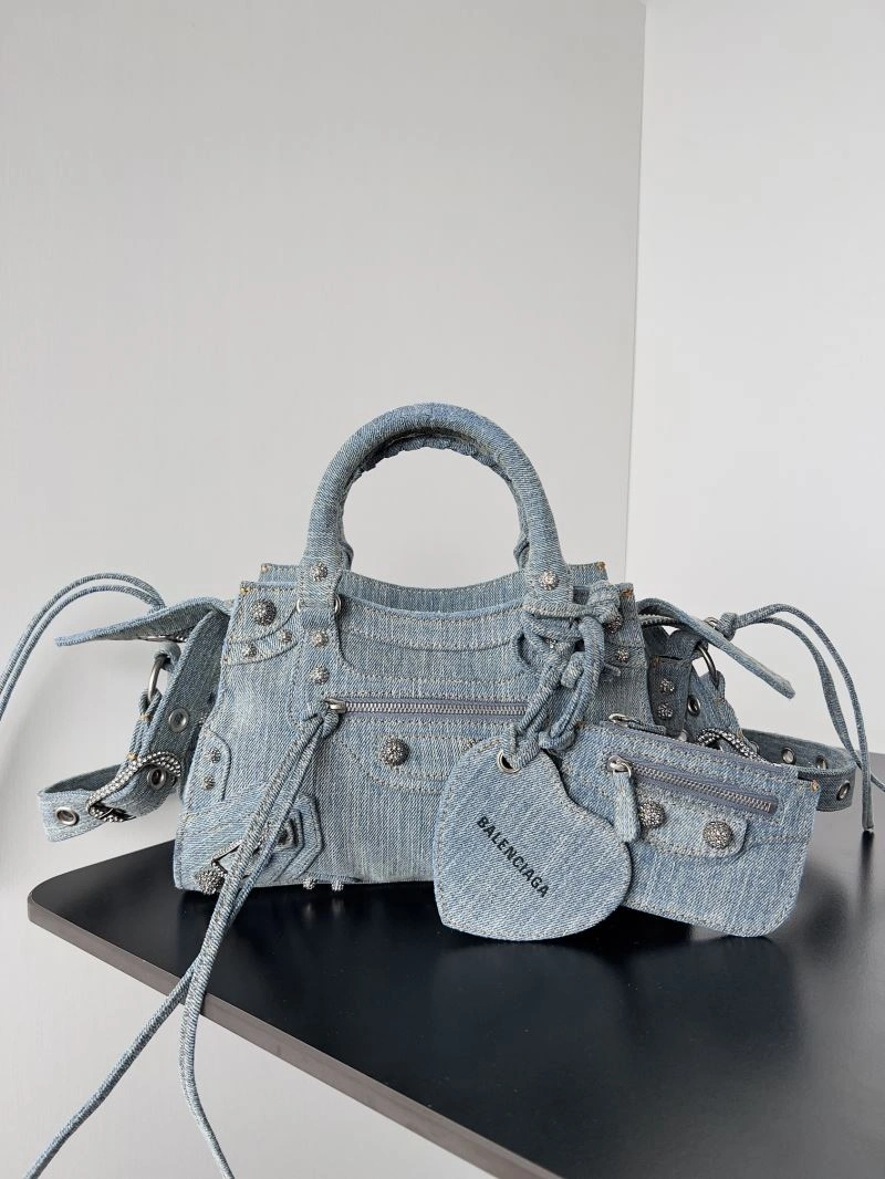 Balenciaga Neo Cagole Distressed Denim Motorcycle Bag