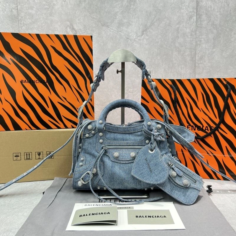 Balenciaga Neo Cagole Studded Denim Motorcycle Bag - Special Price