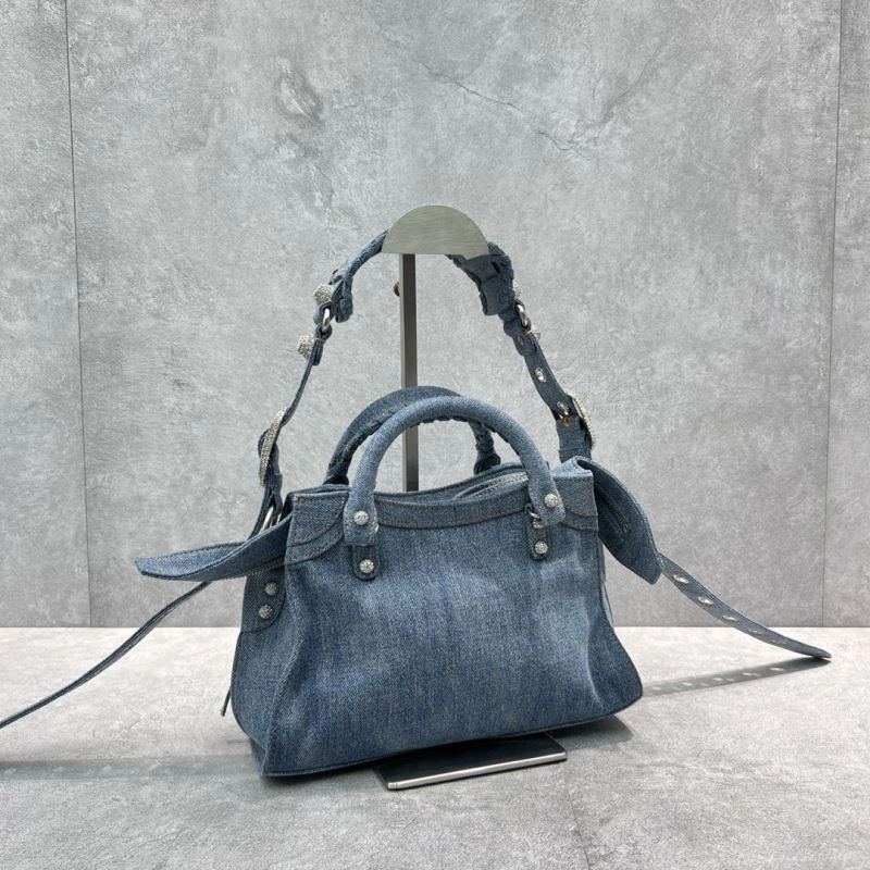 Factory-made Balenciaga Neo Cagole Studded Denim Motorcycle Bag - Special Price