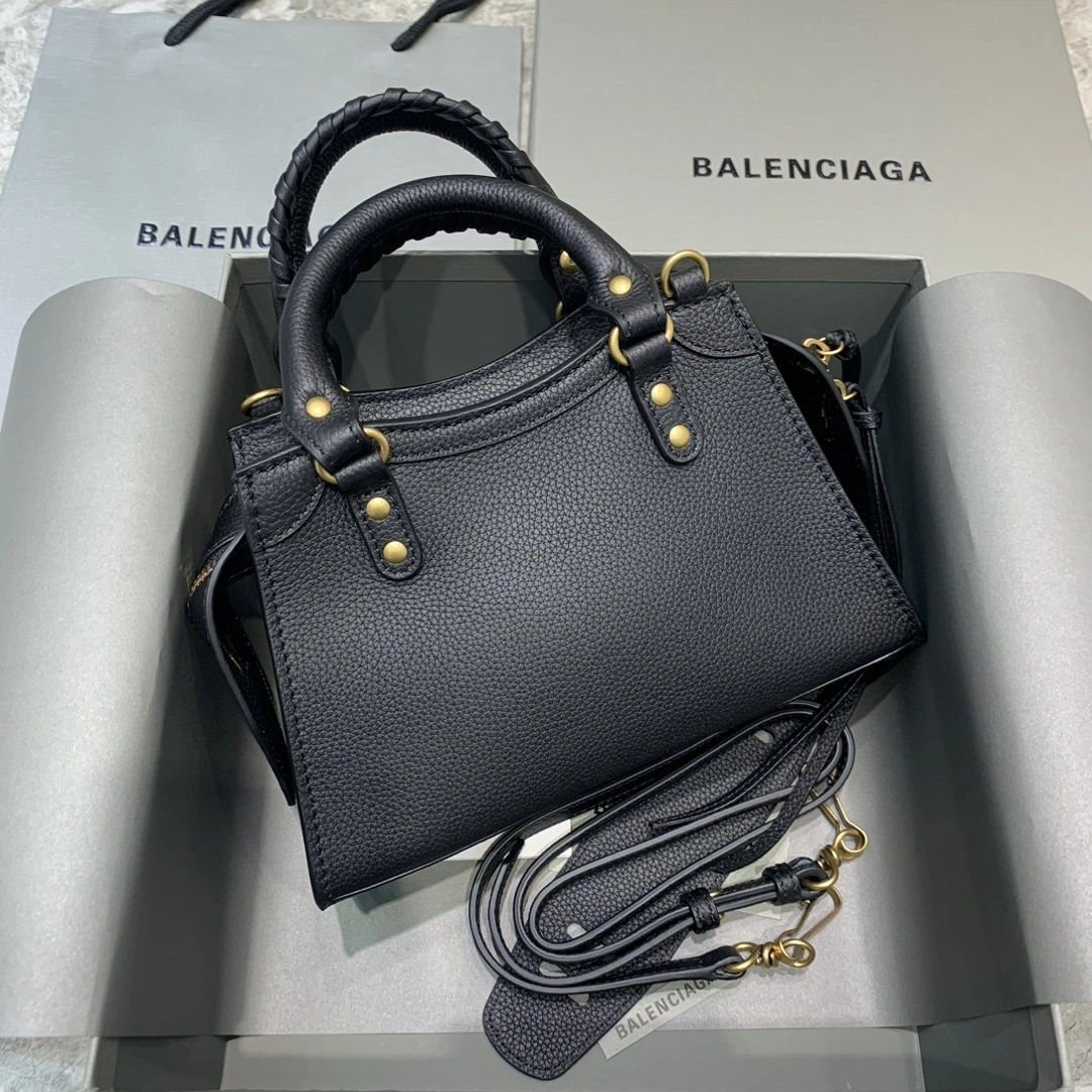 Indistinguishable Balenciaga Neo Classic Black Litchi Motorcycle Bag with Gold Accents