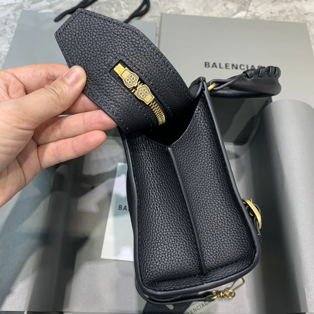 Indistinguishable Balenciaga Neo Classic Black Litchi Motorcycle Bag with Gold Accents