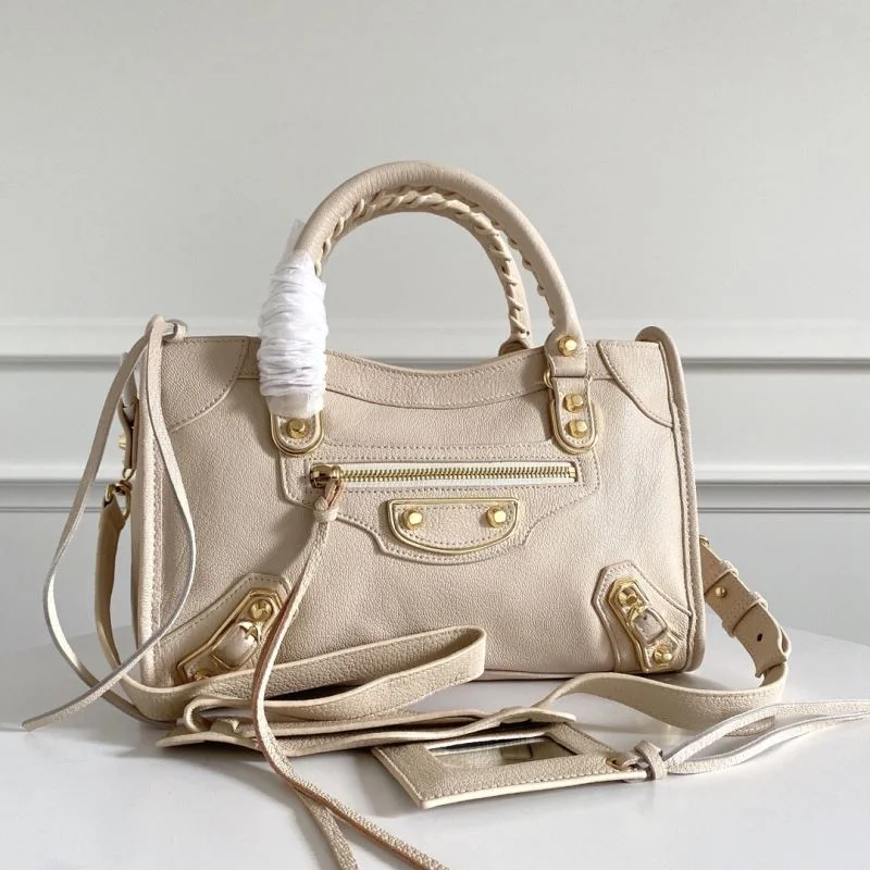 Brand-authenticated Balenciaga Off-White Goat Leather Motorcycle Bag with Studs