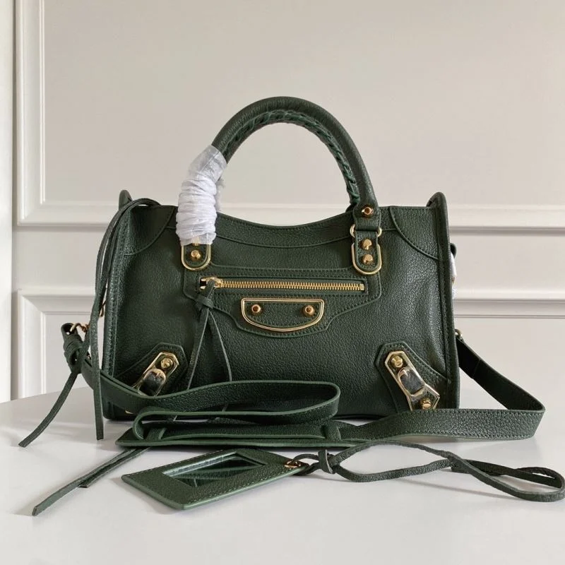 Balenciaga Olive Green Goatskin Motorcycle Bag with Gold Buckle