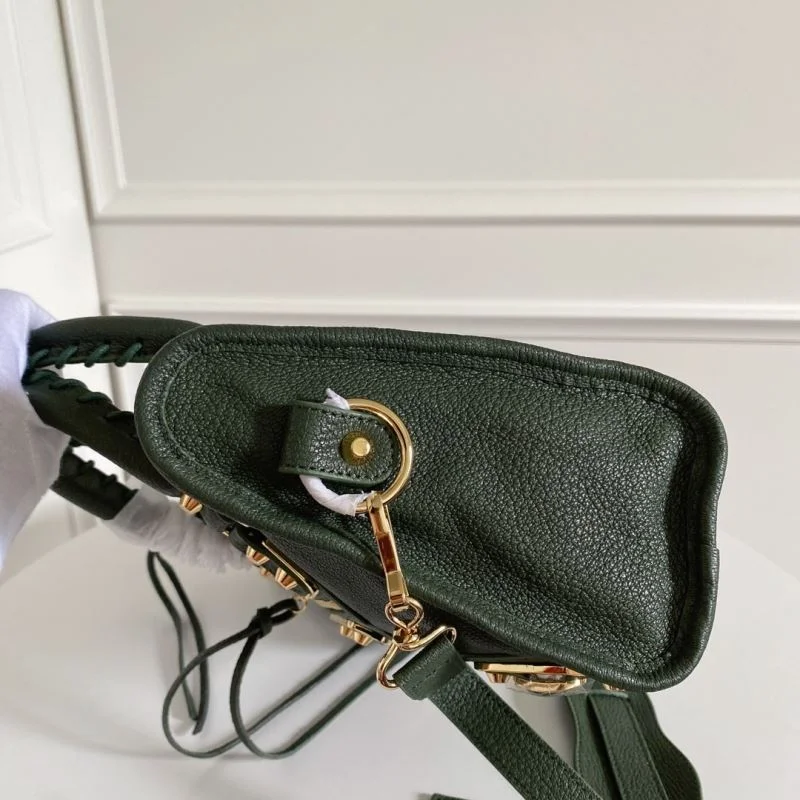 Inexpensive Balenciaga Olive Green Goatskin Motorcycle Bag with Gold Buckle