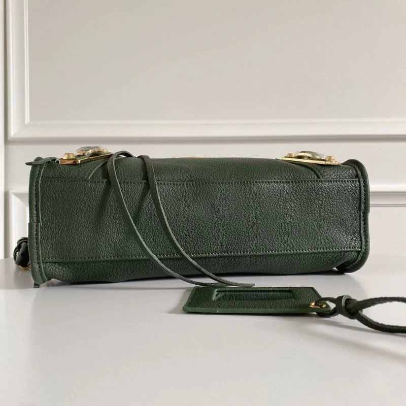 Inexpensive Balenciaga Olive Green Goatskin Motorcycle Bag with Gold Buckle