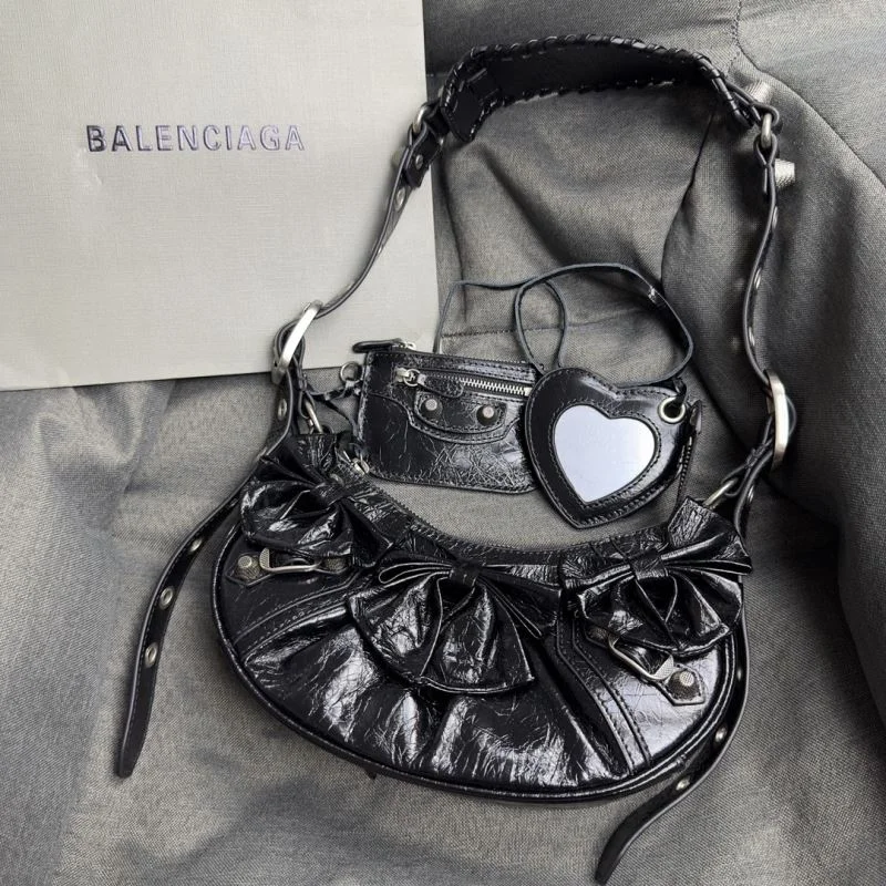 Balenciaga Peach Blossom Black Crackle Half-Moon Dumpling Bag