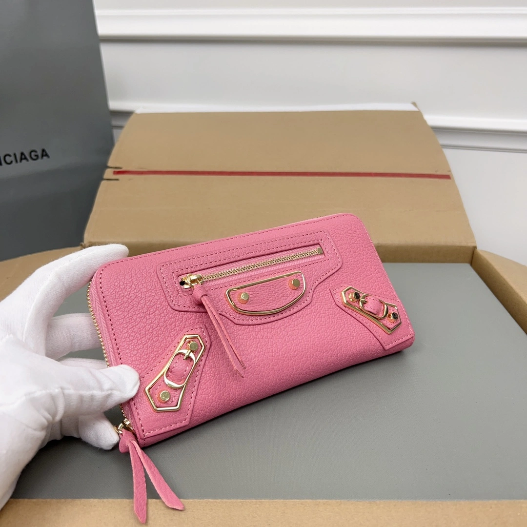 Brand-original Balenciaga Pink Retro Goat Leather Motorcycle Wallet with Heart