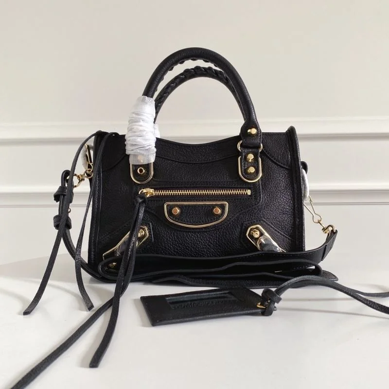 Balenciaga Premium Italian Goat Leather Mini Motorcycle Bag with Gold Buckle