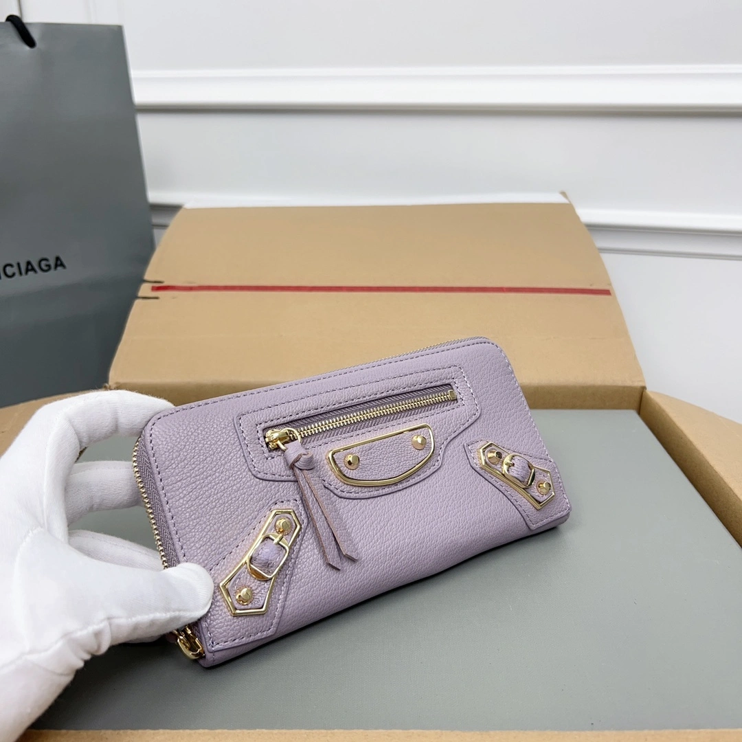 Genuine Balenciaga Purple Retro Goat Leather Zipper Motorcycle Wallet