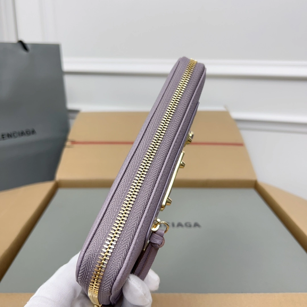 Genuine Balenciaga Purple Retro Goat Leather Zipper Motorcycle Wallet