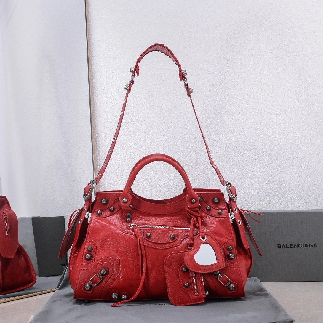 Balenciaga Red Neo Cagole Motorcycle Bag with Heart Mirror