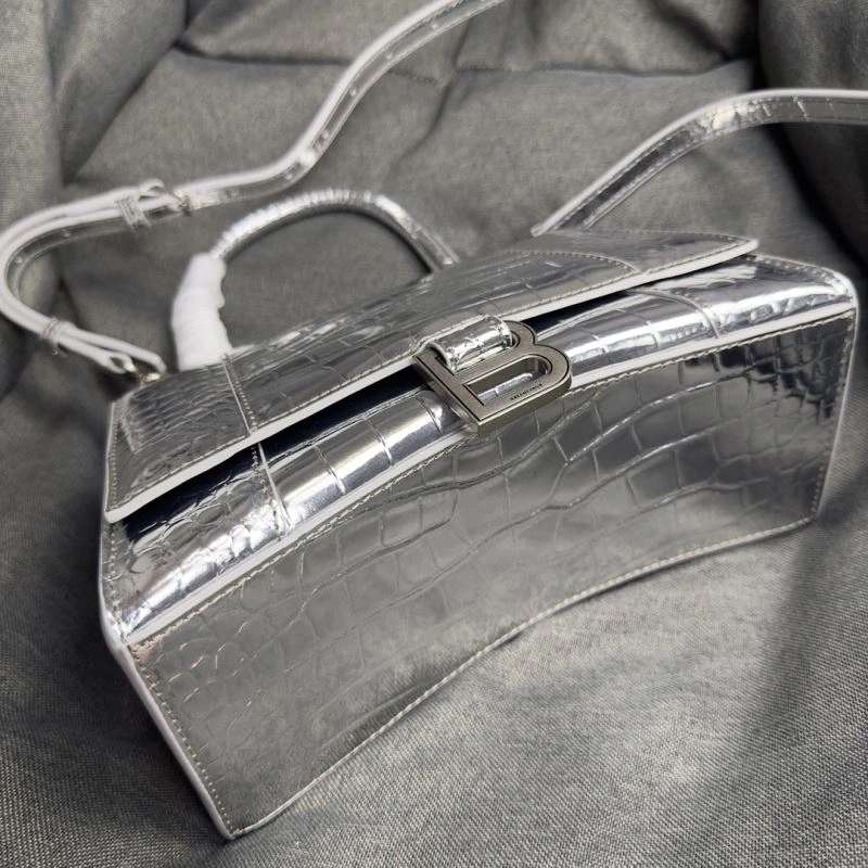 Inexpensive Balenciaga Silver Buckle Crocodile Hourglass Handbag - S Size