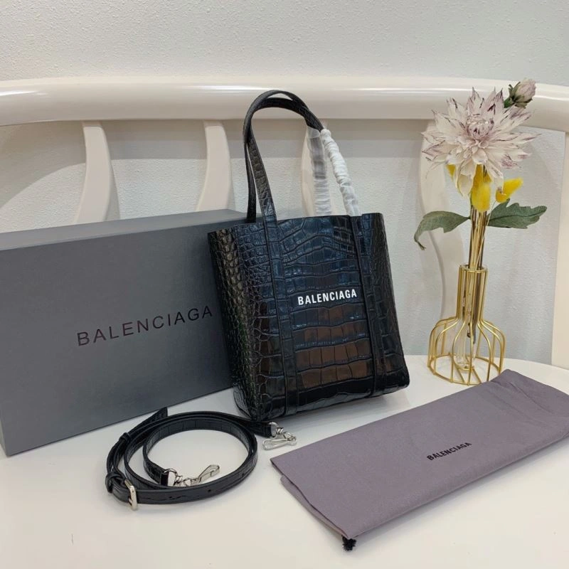 Balenciaga Small Crocodile Pattern Shopping Bag - Black
