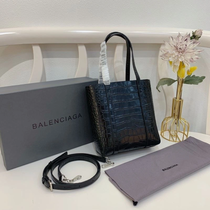 Discounted Balenciaga Small Crocodile Pattern Shopping Bag - Black