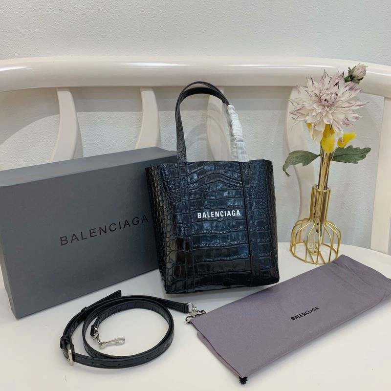 Discounted Balenciaga Small Crocodile Pattern Shopping Bag - Black