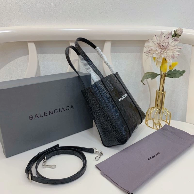Discounted Balenciaga Small Crocodile Pattern Shopping Bag - Black
