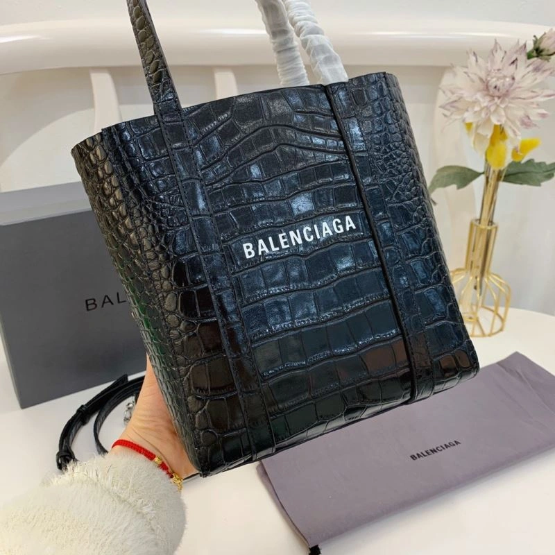 Discounted Balenciaga Small Crocodile Pattern Shopping Bag - Black