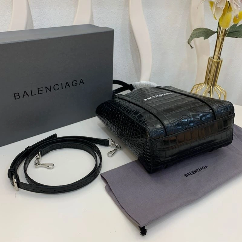 Discounted Balenciaga Small Crocodile Pattern Shopping Bag - Black