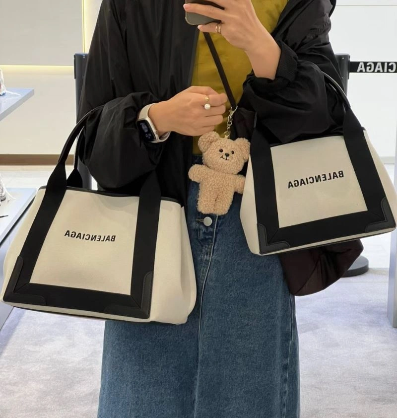 Top match Balenciaga Versatile Navy Canvas Tote with Black Leather Accents