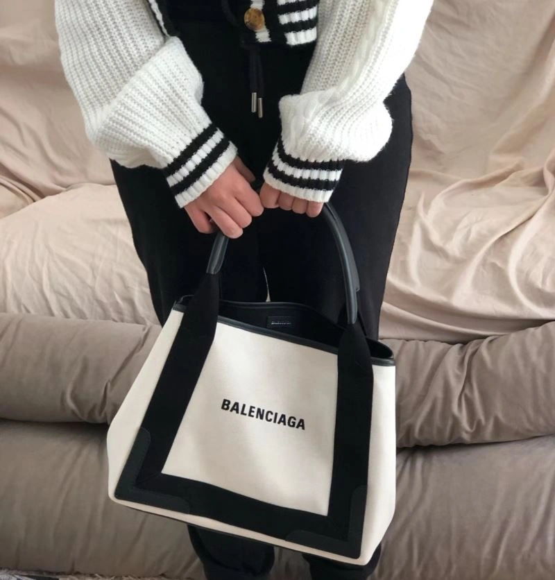 Top match Balenciaga Versatile Navy Canvas Tote with Black Leather Accents