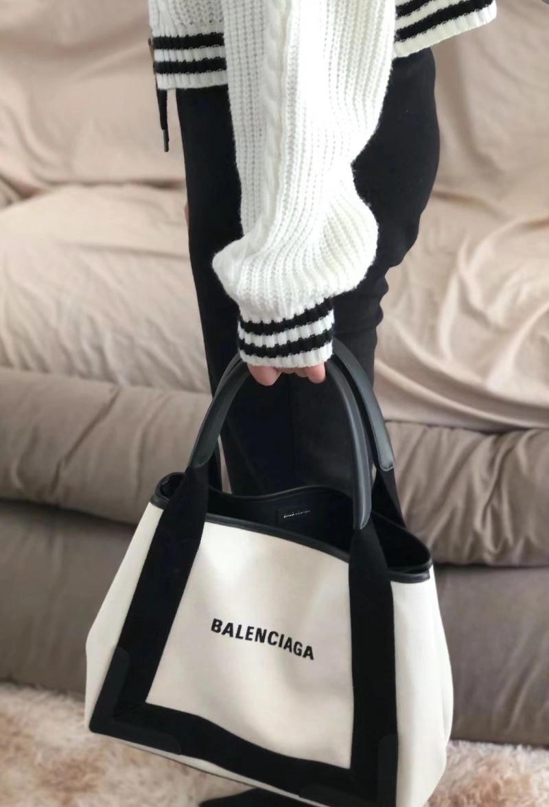 Top match Balenciaga Versatile Navy Canvas Tote with Black Leather Accents