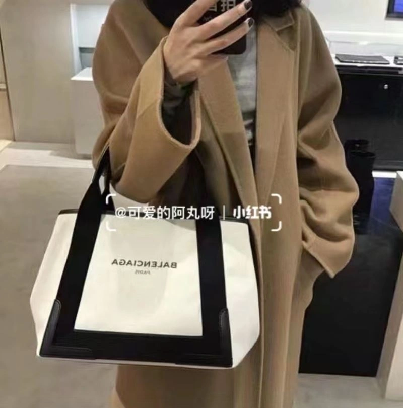 Top match Balenciaga Versatile Navy Canvas Tote with Black Leather Accents