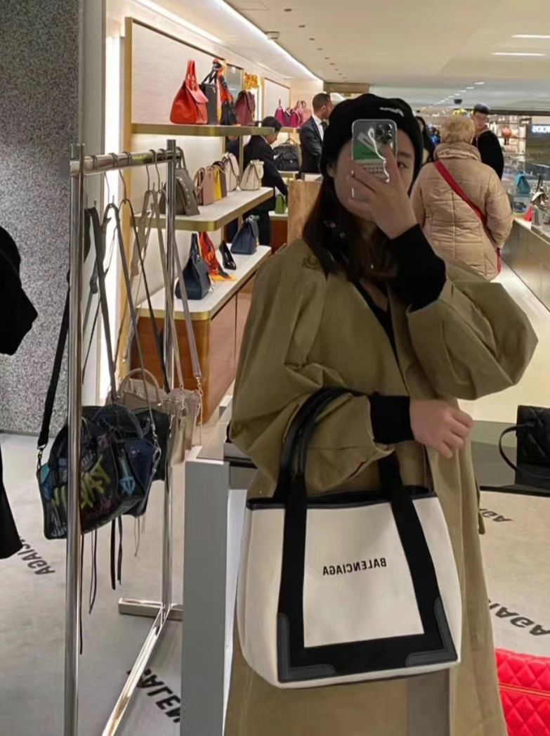 Top match Balenciaga Versatile Navy Canvas Tote with Black Leather Accents