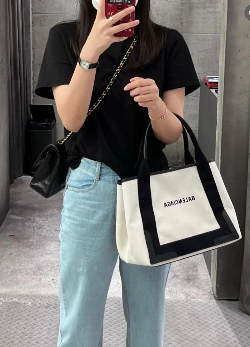 Top match Balenciaga Versatile Navy Canvas Tote with Black Leather Accents
