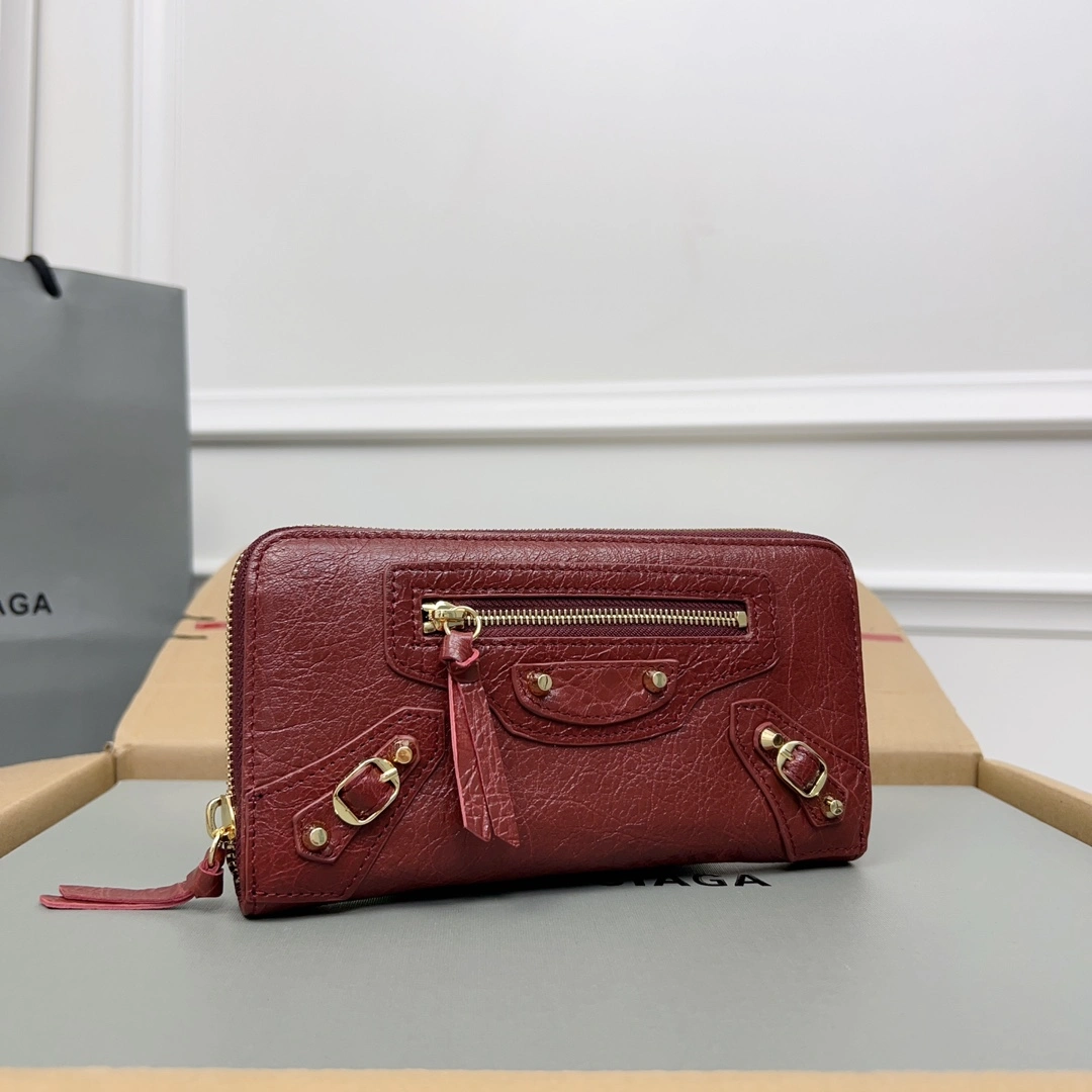 Balenciaga Vintage Burgundy Leather Motorcycle Wallet with Heart Zipper