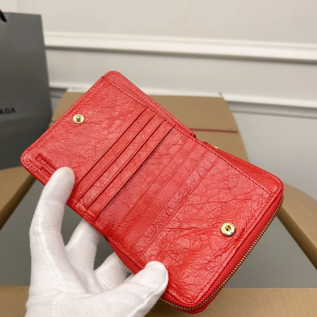 Inexpensive Balenciaga Vintage Red Cracked Leather Mini Wallet with Compartments