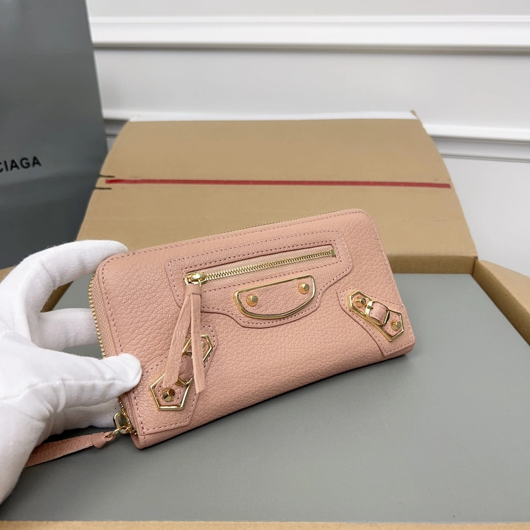 Official Balenciaga Vintage Rose Pink Leather Motorcycle Wallet with Smiley