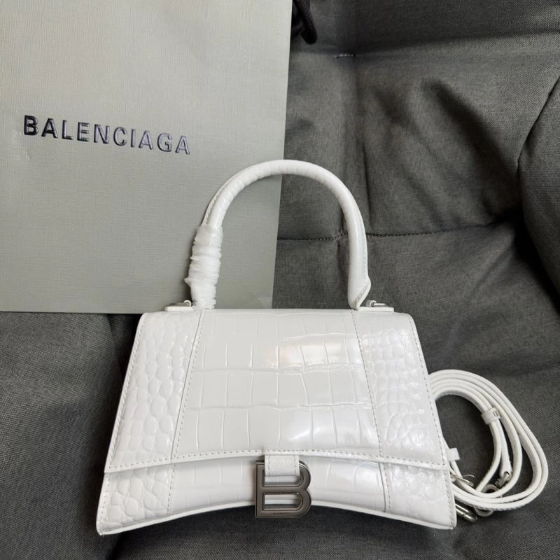 Balenciaga White Crocodile Hourglass Bag with Silver Buckle