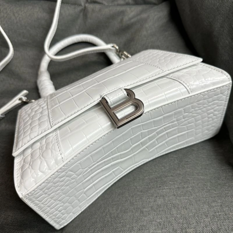 Indistinguishable Balenciaga White Crocodile Hourglass Bag with Silver Buckle