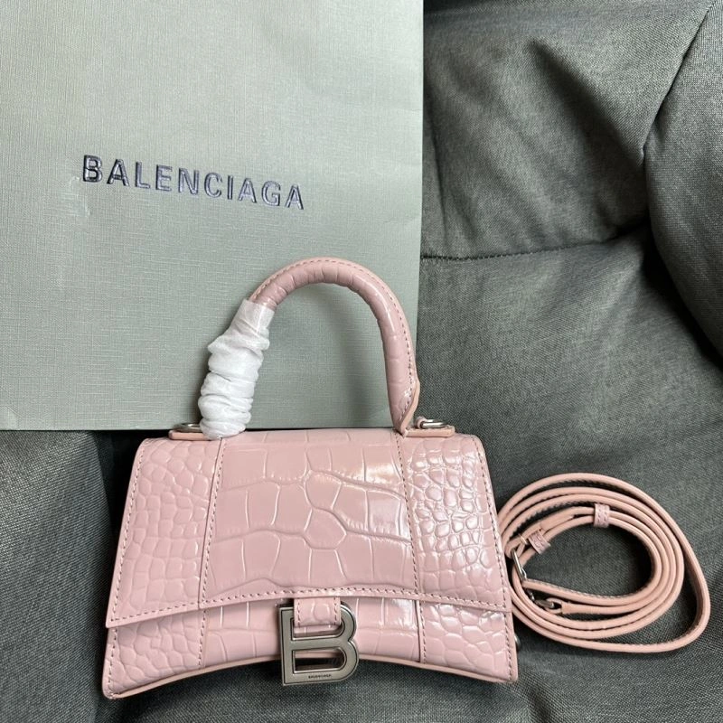 Balenciaga XS Hourglass Blush Crocodile Bag with Silver Buckle