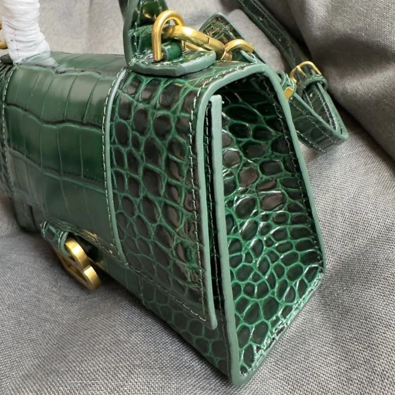 Affordable Balenciaga XS Hourglass Crocodile Bag - Dark Green with Gold Buckle