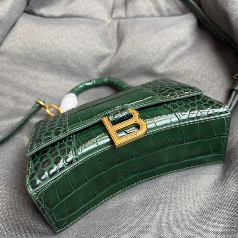 Affordable Balenciaga XS Hourglass Crocodile Bag - Dark Green with Gold Buckle
