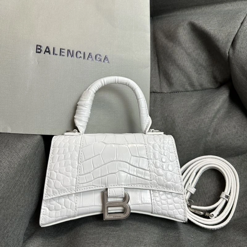 Balenciaga XS Hourglass White Crocodile Bag with Silver Buckle