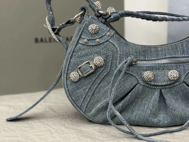 Brand-original Balenciaga Y2K Bling Denim Motorcycle Bag with Mirror Pouch